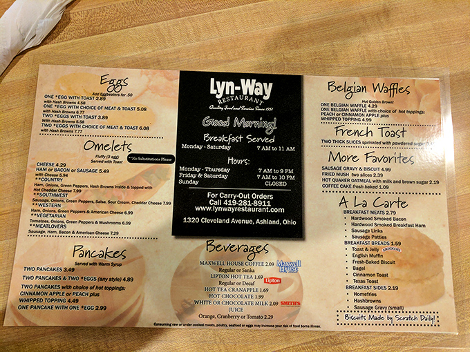 This breakfast menu is like a roadmap to happiness. Belgian waffles, country omelets, and pancakes – decisions this difficult should come with a therapist.