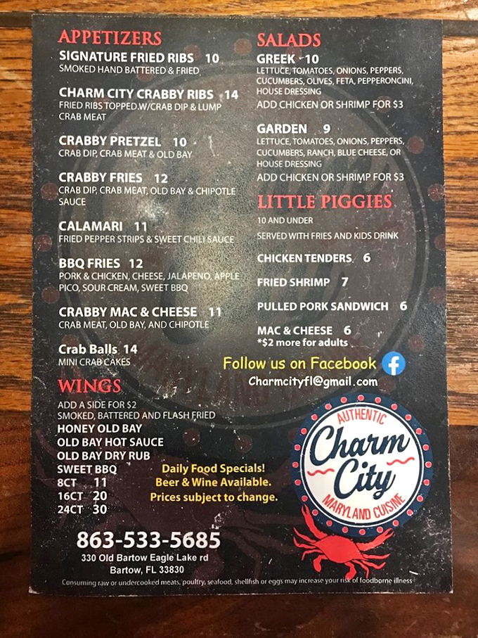 This menu reads like a love letter to Maryland-Florida fusion—where Old Bay meets Gulf freshness in dishes that'll have you plotting your next visit.