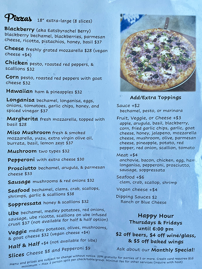 This menu reads like a love letter to pizza innovation. The Blackberry pizza with pistachios and honey? That's not rebellion—that's delicious revolution.