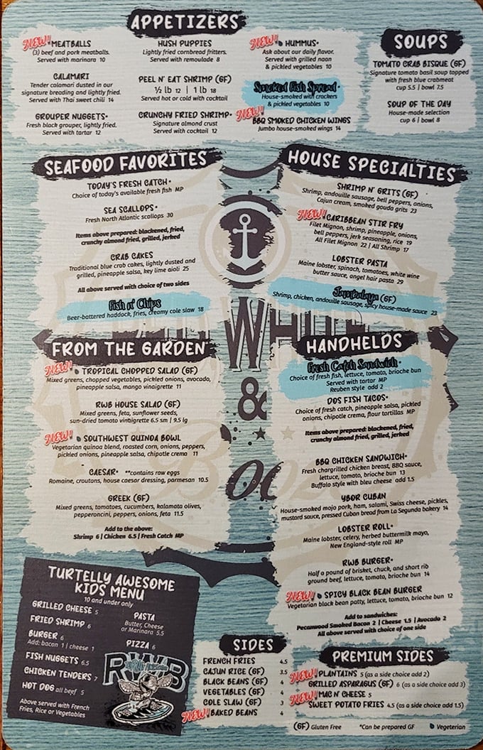 A menu that reads like a love letter to the sea. From "Turtelly Awesome" kids' options to Maine lobster rolls, every craving finds its match on this seafood-centric selection.