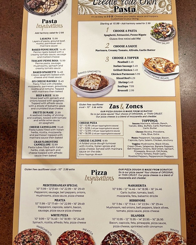 The menu reads like a love letter to Mediterranean cuisine—pasta inspirations, create-your-own options, and pizzas that make decision-making deliciously difficult.