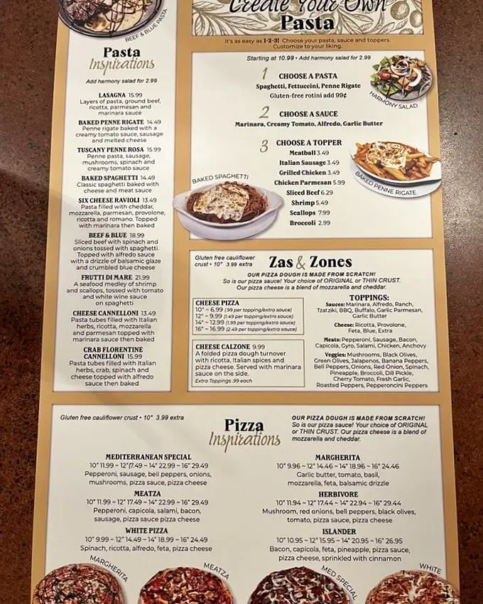 The menu reads like a love letter to Mediterranean cuisine—pasta inspirations, create-your-own options, and pizzas that make decision-making deliciously difficult.