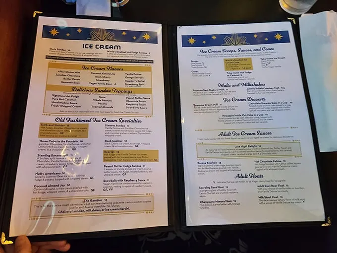 This isn't just a menu—it's a passport to dessert nirvana. The ice cream section alone requires strategic planning worthy of a military campaign.