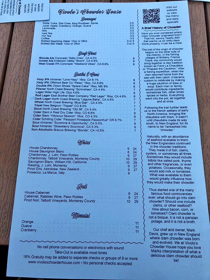 The menu reads like a love letter to seafood, with a history lesson on chowder that makes you appreciate each spoonful even more.