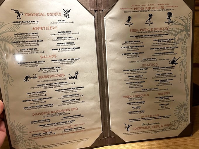 The menu reads like a delicious map to paradise, with illustrations of monkeys that seem to know something you don't about that Mai Tai.