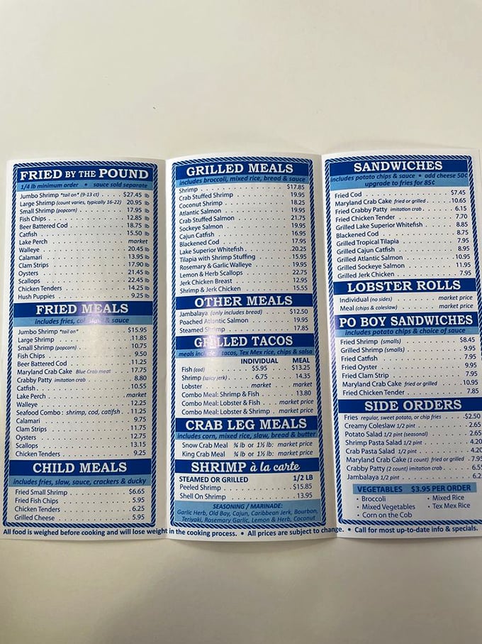 A seafood lover's dream menu that reads like maritime poetry—lobster rolls, crab legs, and fried delights that would make Neptune himself place a to-go order.
