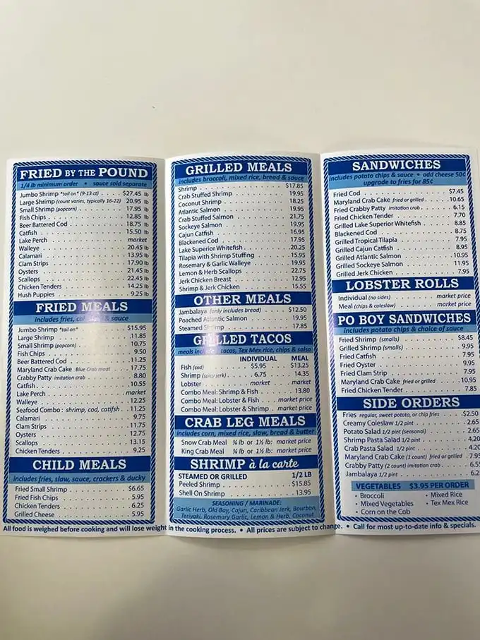 A seafood lover's dream menu that reads like maritime poetry—lobster rolls, crab legs, and fried delights that would make Neptune himself place a to-go order.