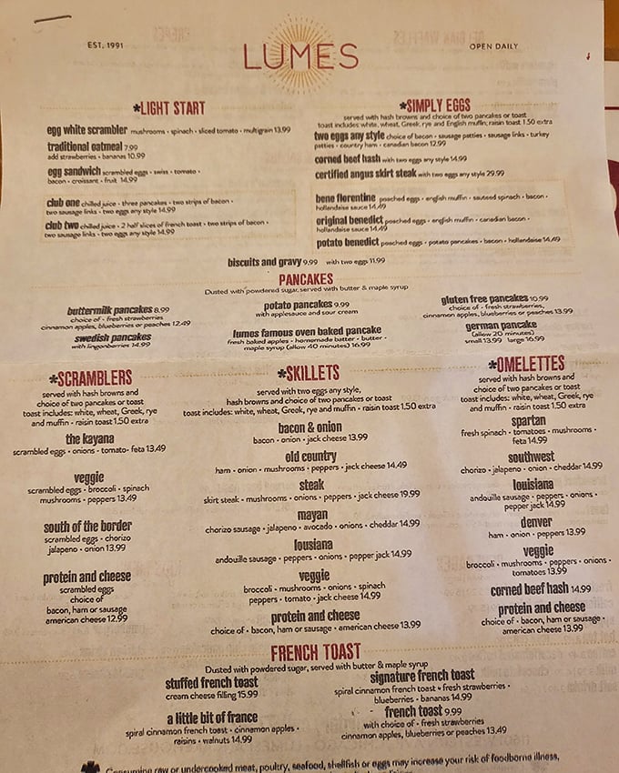 The menu at Lumes reads like a love letter to breakfast classics, with enough options to satisfy both traditionalists and culinary adventurers.