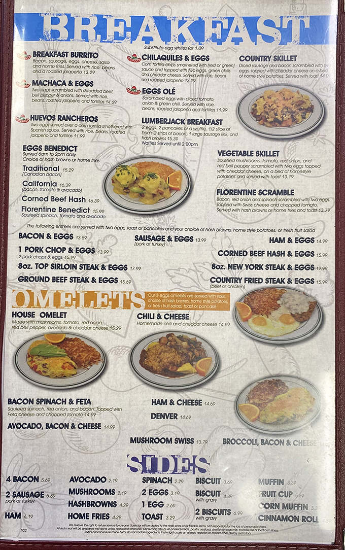 This breakfast menu reads like a love letter to morning comfort – decisions, decisions everywhere!
