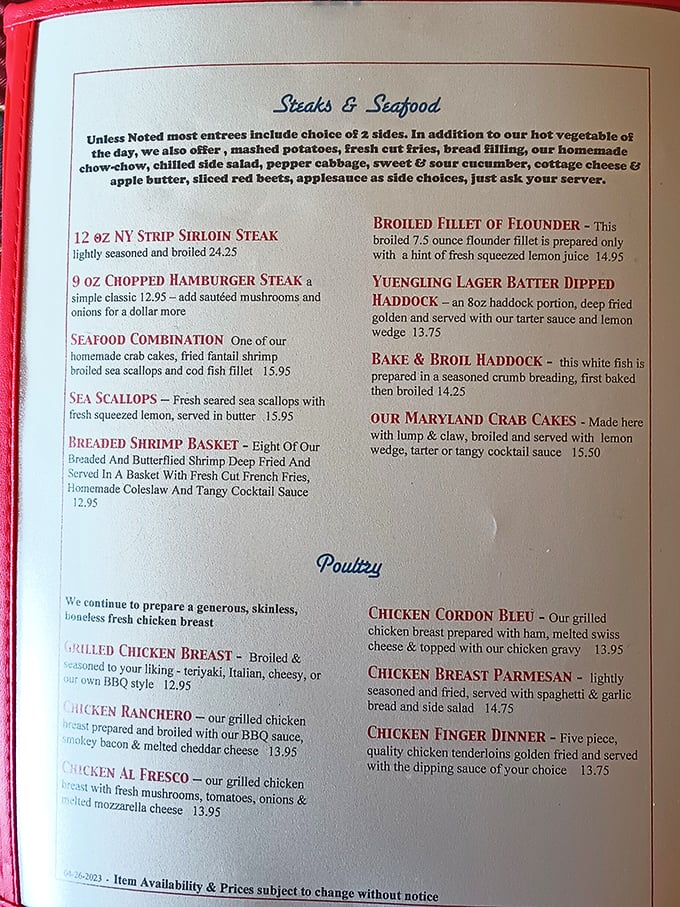 A menu that reads like a love letter to hearty American classics. No molecular gastronomy here, just the promise of satisfaction.
