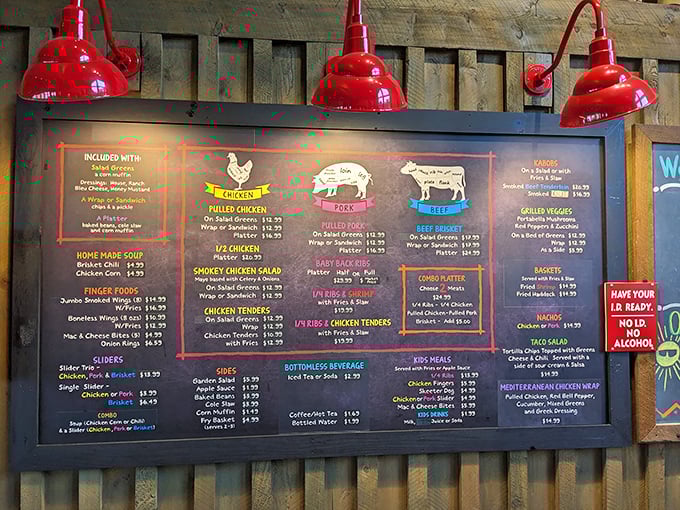 This menu board isn't just a list—it's a roadmap to happiness, illuminated by those cherry-red pendant lights that scream "good decisions happen here."
