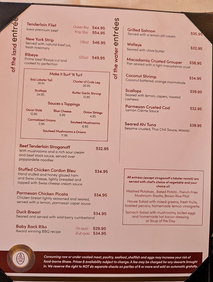 The menu reads like a love letter to Wisconsin dining—surf, turf, and everything in between, with options to customize your culinary adventure.