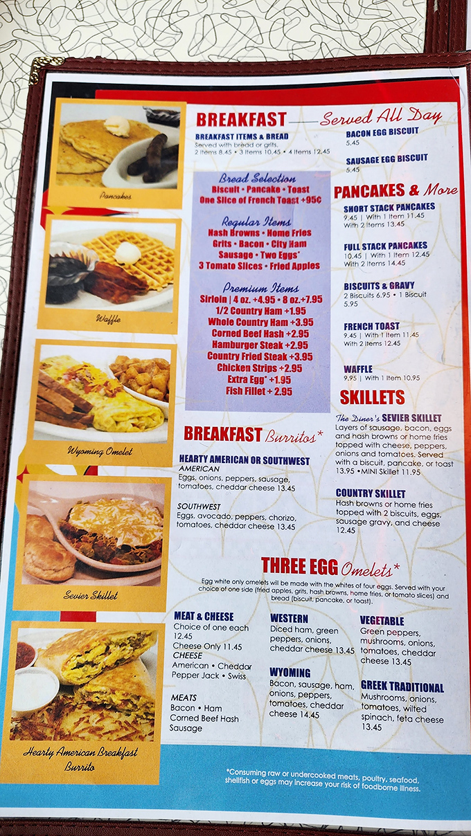 A menu that doesn't just list food—it promises happiness. Breakfast all day is the constitutional amendment we all deserve.