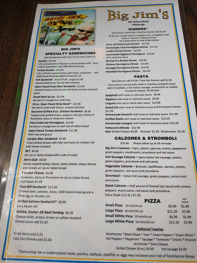 This menu isn't just a list of options—it's a roadmap to happiness. The fish sandwich sits proudly among Italian-American classics and Pittsburgh favorites.