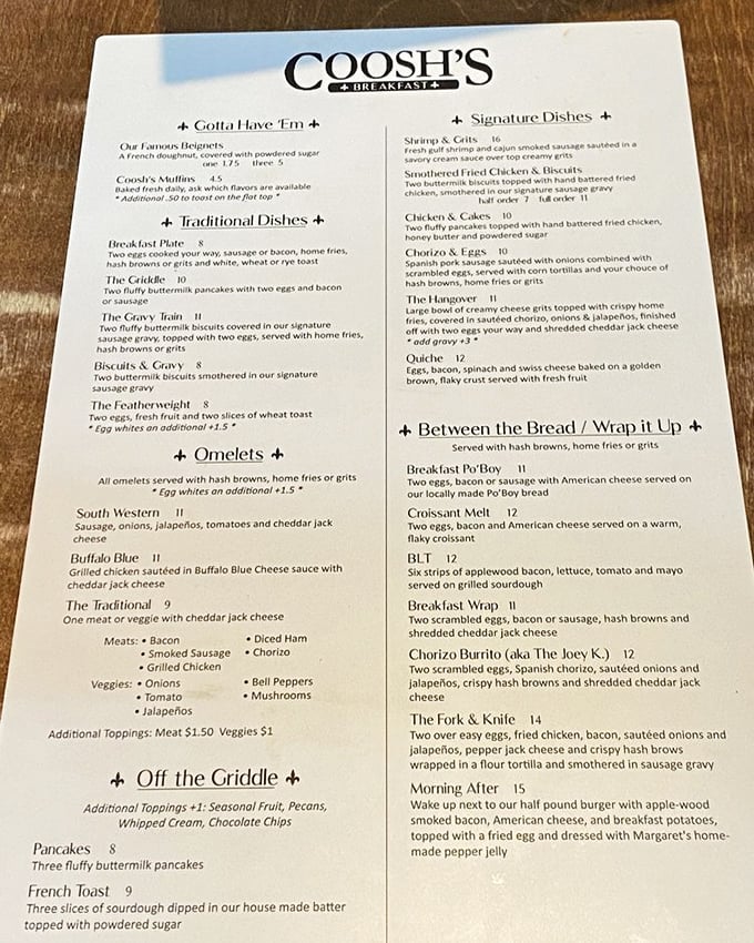 This menu isn't just a list—it's a roadmap to happiness. "The Gravy Train" isn't just clever wordplay, it's your ticket to breakfast nirvana.