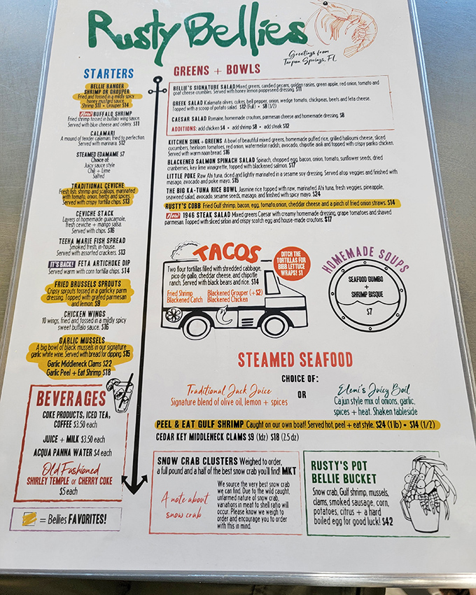 This menu isn't just a list—it's a treasure map to seafood paradise, with "Bellie's Favorites" marking the spots where X marks delicious.