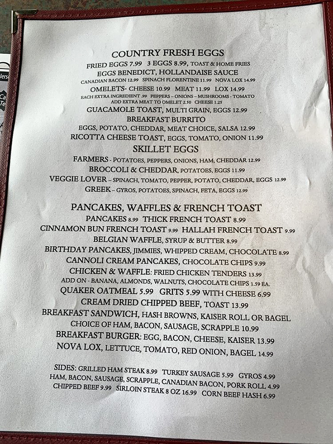 This menu isn't just a list of food—it's a roadmap to happiness. From omelets to skillets, each option promises a delicious journey.