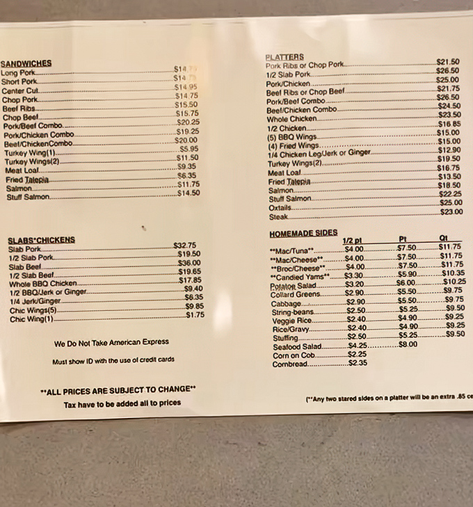 A menu that reads like a love letter to Southern cuisine. Notice the "Stuff Salmon" hiding among barbecue royalty – the unexpected star of the show.