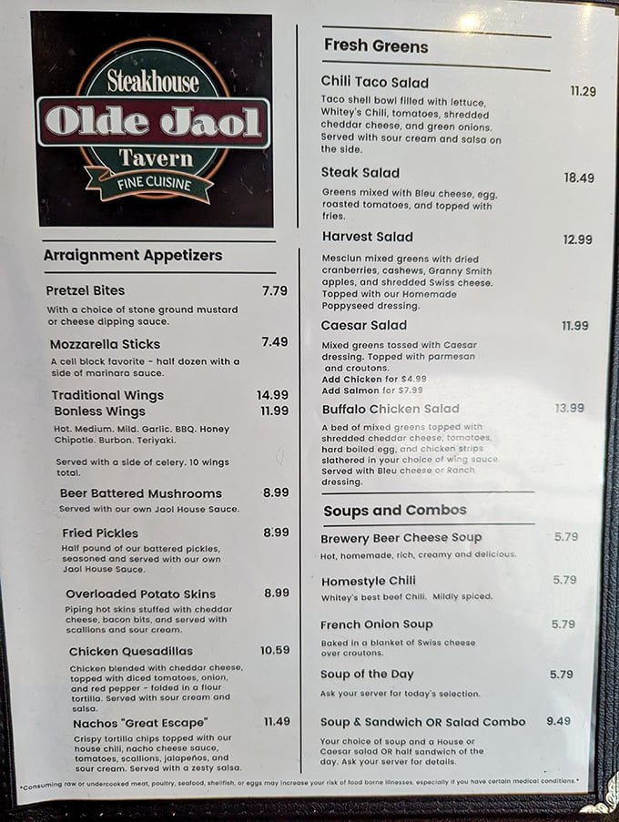 The menu's crime-themed categories like "Arraignment Appetizers" and "Felony Steaks" prove good humor pairs perfectly with good food.