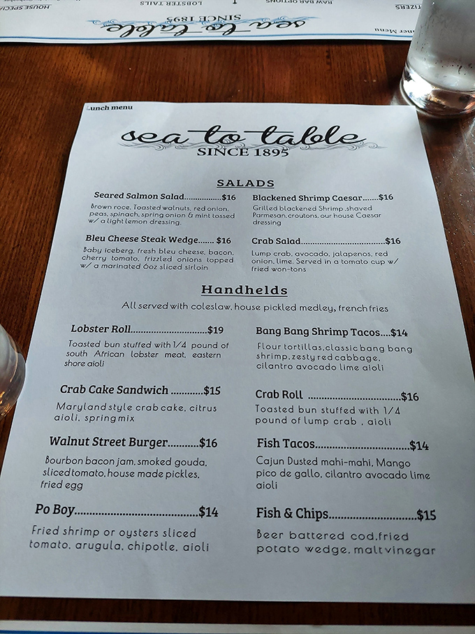 "Sea to Table Since 1895"—the menu reads like a love letter to the Atlantic, promising treasures from lobster rolls to crab cakes that make landlocked Pennsylvania feel coastal.
