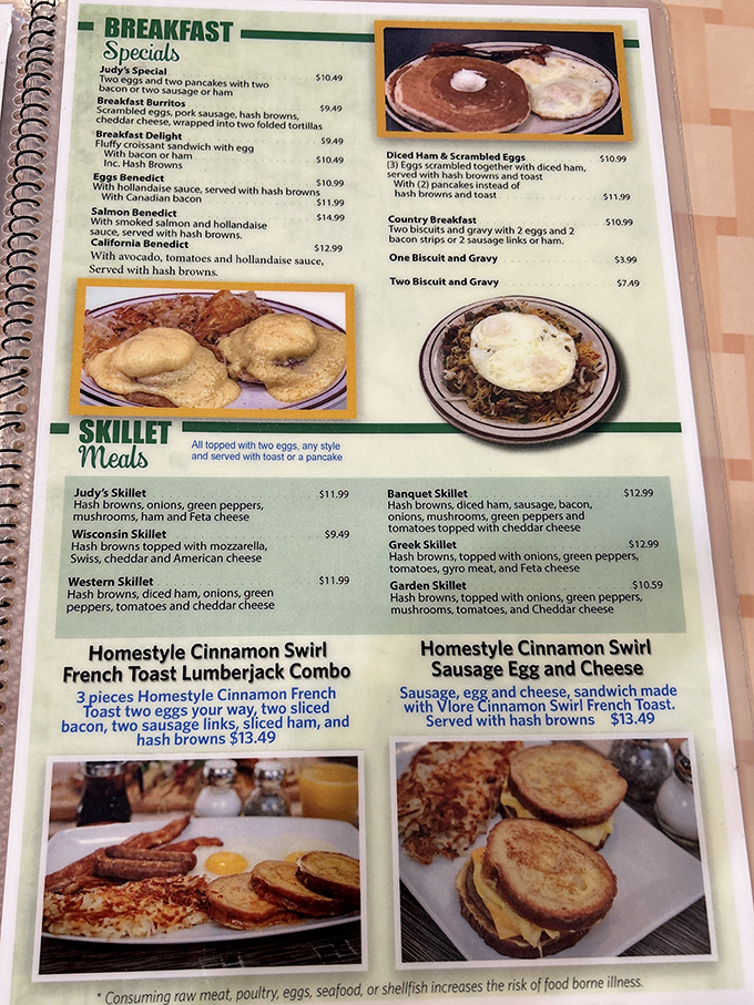 The menu reads like a love letter to breakfast classics, with skillets taking center stage—each one a canvas for those legendary hash browns.