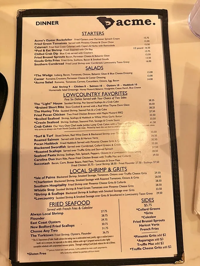 This menu isn't just a list of dishes—it's a love letter to Lowcountry cuisine, with seafood taking center stage in nearly every category.