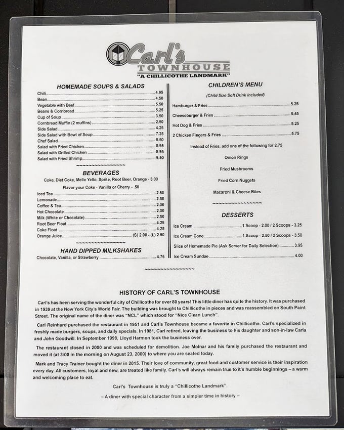 A menu that tells stories between its prices—notice the history lesson at the bottom, a rare treat in our digital age.