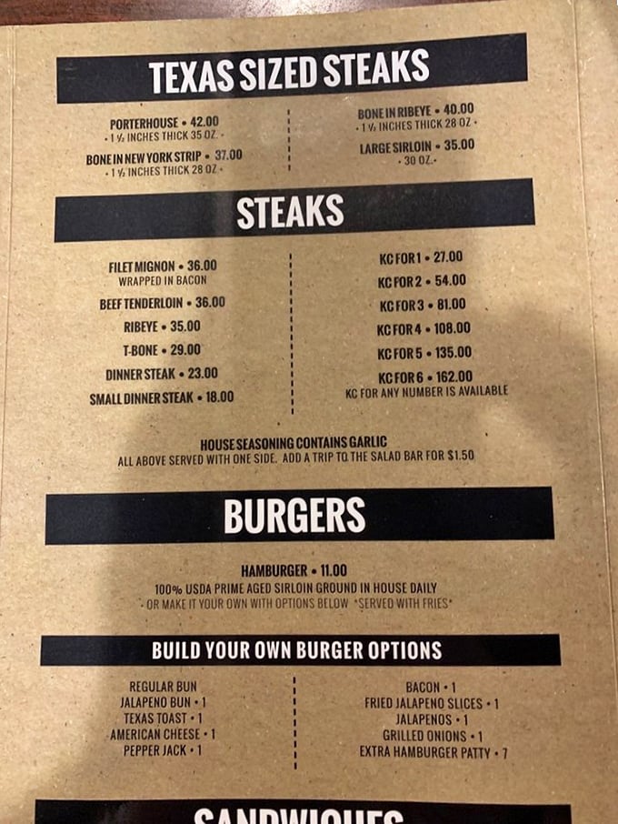 The menu reads like poetry to carnivores—thick-cut Texas-sized steaks measured in ounces that would make a nutritionist faint.