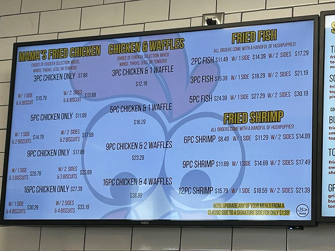 A menu that doesn't overcomplicate things—just pure fried perfection in multiple configurations. The chicken and waffle section alone deserves its own ZIP code.