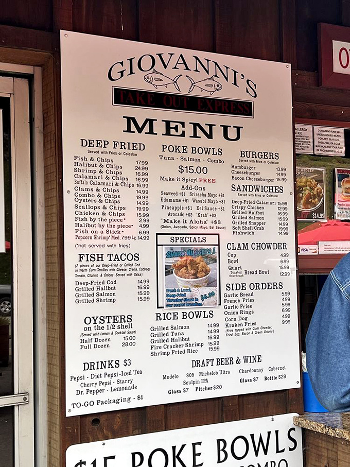 This menu isn't just a list—it's a maritime roadmap to happiness. The clam chowder bread bowl beckons like a siren song to hungry sailors.