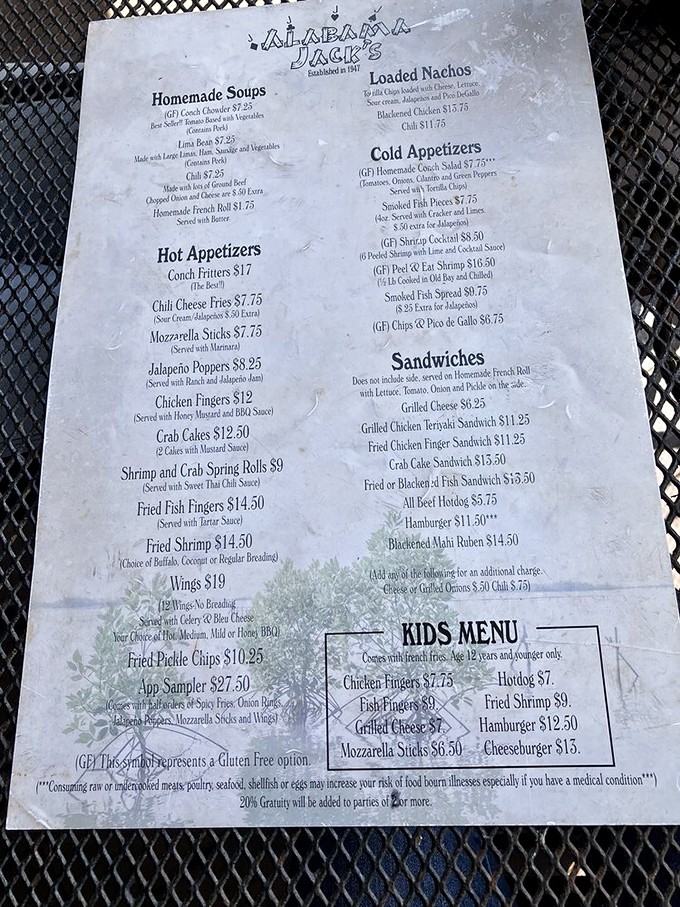 This menu isn't laminated because it's fancy—it's laminated because it has survived more spilled beer and hot sauce than most Florida politicians have scandals.