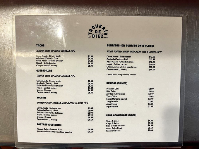 This menu isn't just a list of options—it's a roadmap to taco nirvana, with every protein and preparation method carefully catalogued.