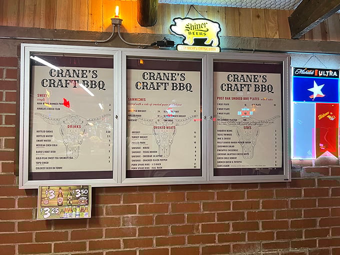 A menu that gets straight to the point—no fancy descriptions needed when your meat speaks volumes in smoke signals.