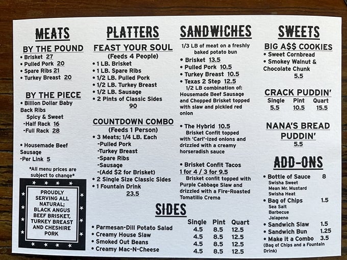 A menu that reads like barbecue poetry—simple, direct, and guaranteed to make your stomach growl louder than your car with a bad muffler.