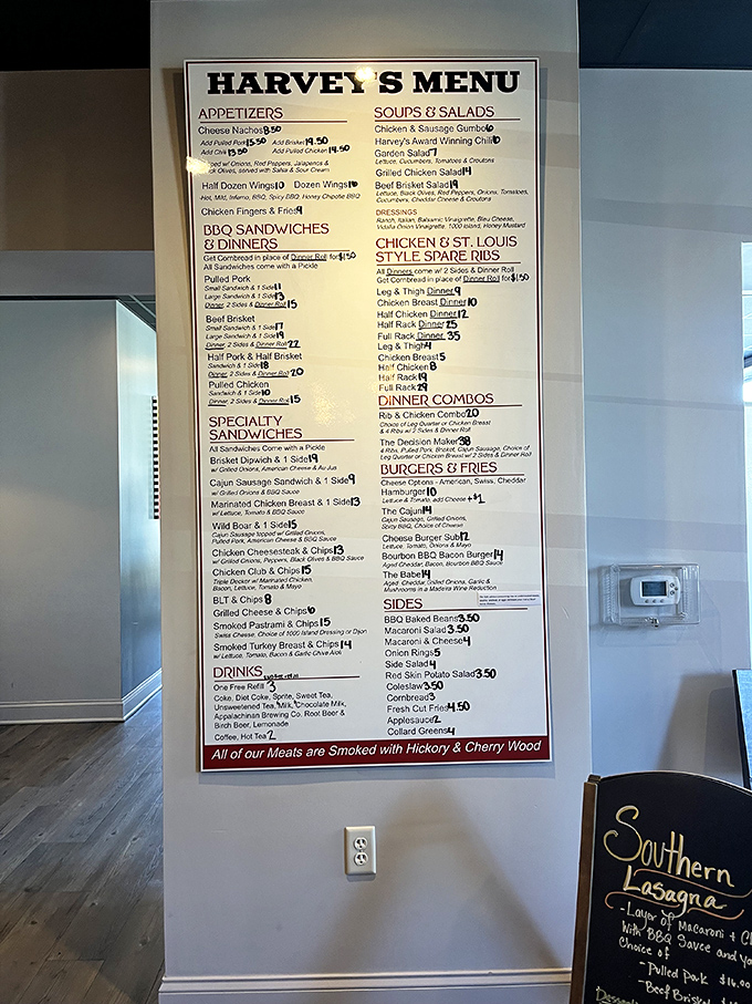 This menu isn't just a list of options—it's a roadmap to happiness. Note that final line: "All our Meats are Smoked with Hickory & Cherry Wood."