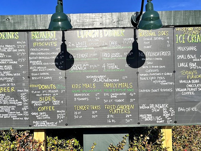 No fancy digital displays here—just honest food spelled out in chalk. And that "NO FRENCH FRIES!" warning? They mean business.