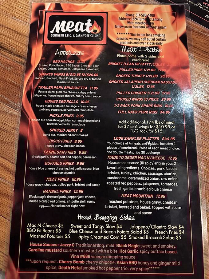 This menu isn't just a list of food—it's a roadmap to happiness. The "Head Banging Sides" section alone deserves its own zip code.