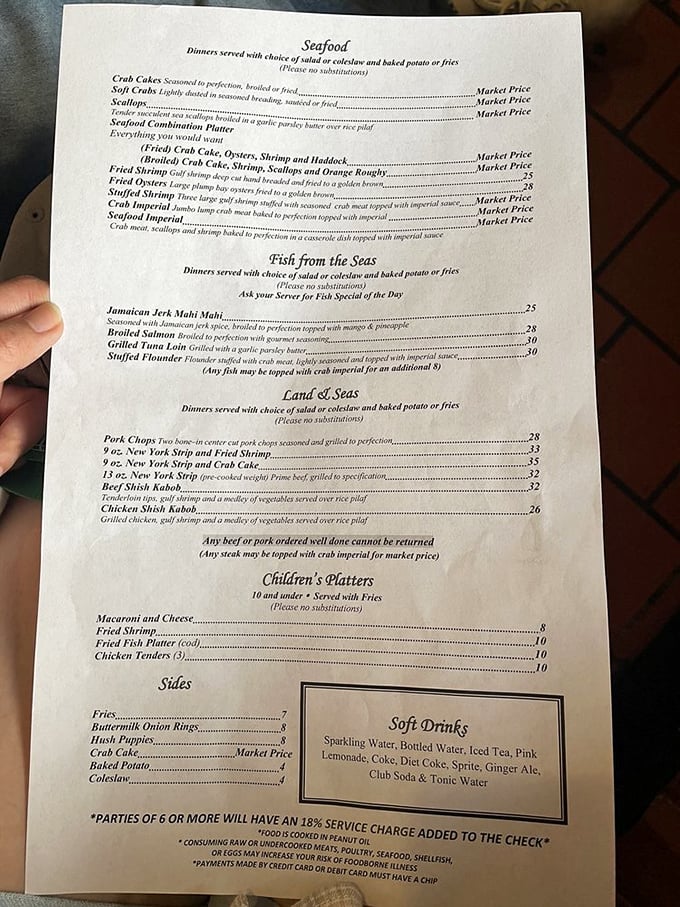 The menu reads like a love letter to the Chesapeake Bay—market price listings a gentle reminder that the best seafood follows nature's schedule.