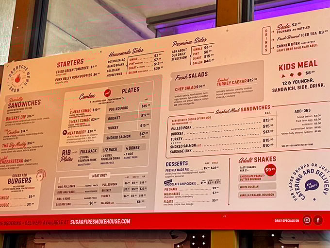 Behold, the menu of possibilities! Like reading a love letter to smoked meats where every option feels like it's personally whispering "choose me."