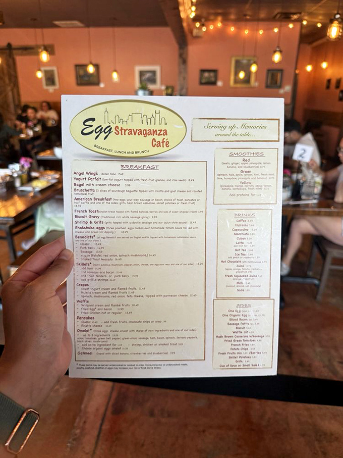 A menu held like a winning lottery ticket. "Serving up Memories around the table" isn't just cute marketing—it's the promise of breakfast nirvana.