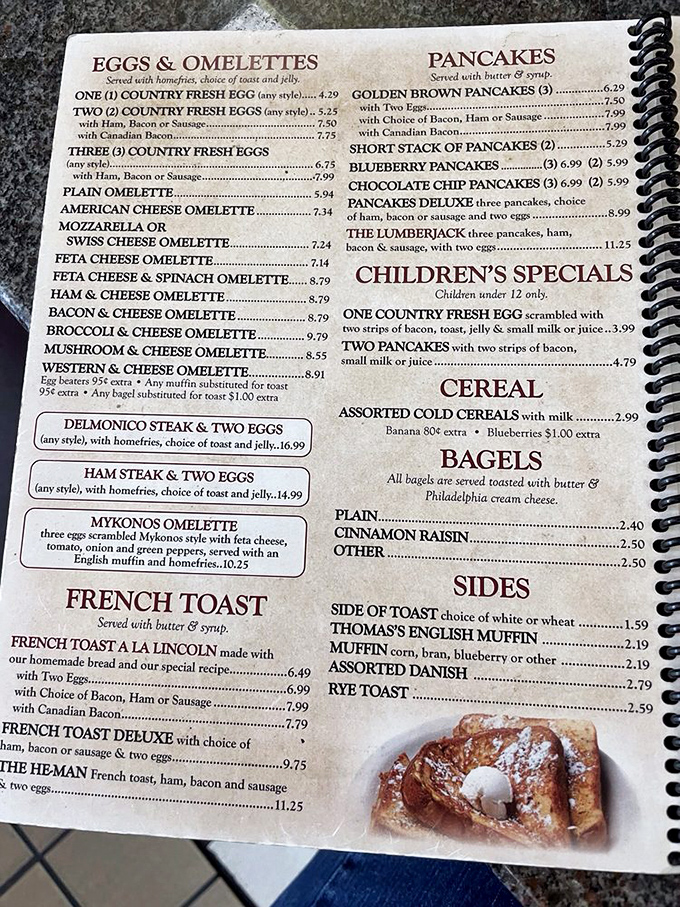 This menu isn't just a list of food—it's a roadmap to happiness. The Lumberjack breakfast alone could fuel your entire Gettysburg battlefield tour.