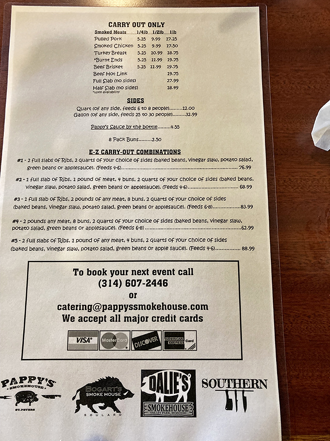 The menu at Pappy's reads like barbecue poetry—straightforward verses of smoked meats and sides that promise a happy ending to your hunger story.