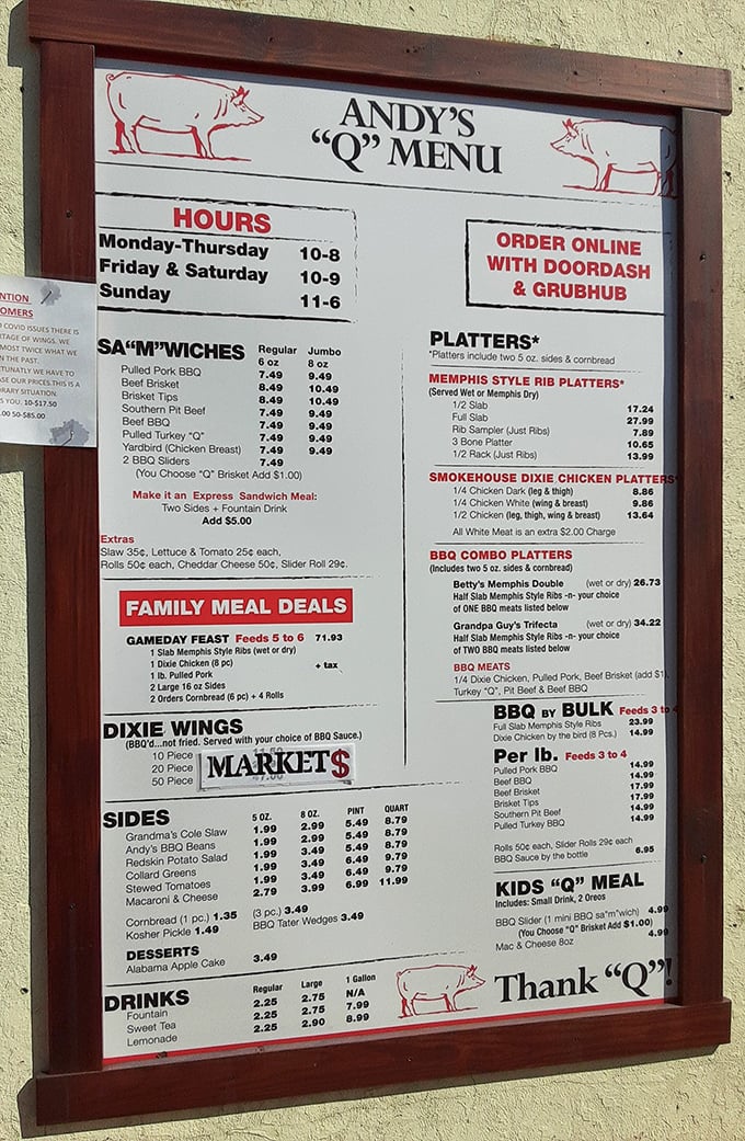 This menu isn't just a list of options – it's a roadmap to happiness with pit beef, pulled pork, and Memphis-style ribs leading the way.