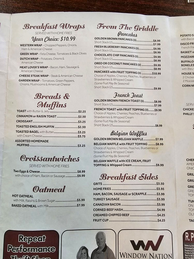 A menu that doesn't need fancy fonts to impress—just honest breakfast options that'll make your stomach applaud your life choices.