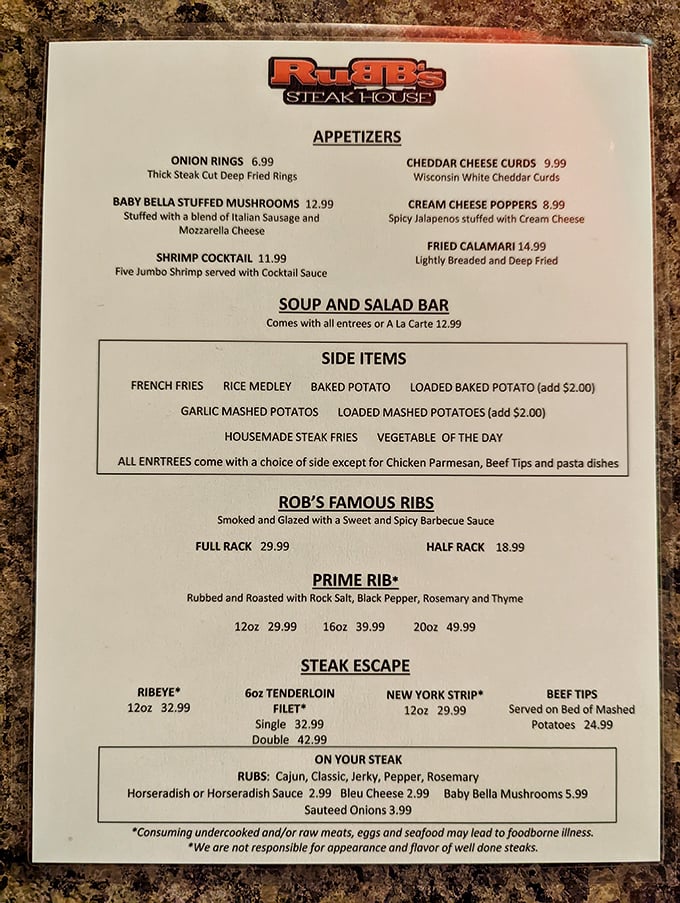 This menu isn't just a list of food—it's a roadmap to happiness. The "Steak Escape" section alone is worth framing for your kitchen wall.