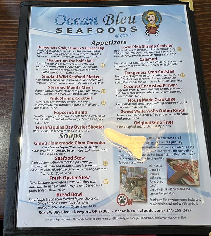 This menu isn't just a list—it's a treasure map where X marks the spot for Dungeness crab, house-smoked bacon in the chowder, and oysters pulled from Yaquina Bay.