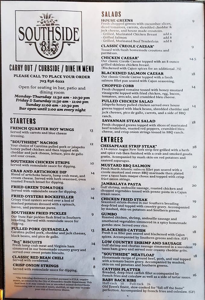 A menu that reads like a love letter to the South. Each description promises flavors that'll make you consider a permanent change of address.