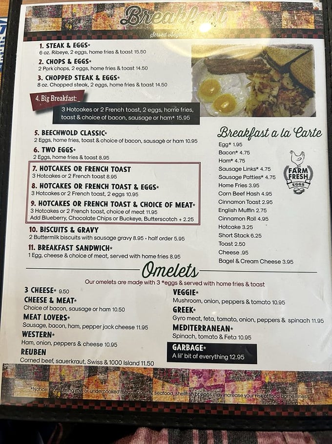 A menu that doesn't need fancy fonts or pretentious descriptions—just honest food that makes decision-making the hardest part of your morning.