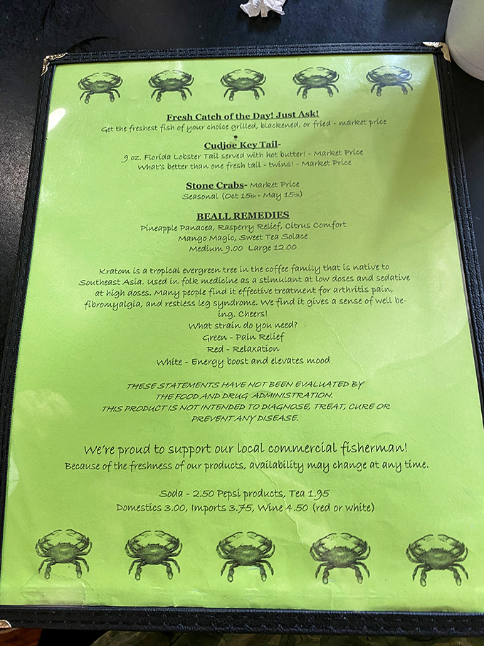 The menu's crab illustrations aren't just cute decoration—they're a warning of the delicious fate that awaits you. Choose your seafood adventure wisely!