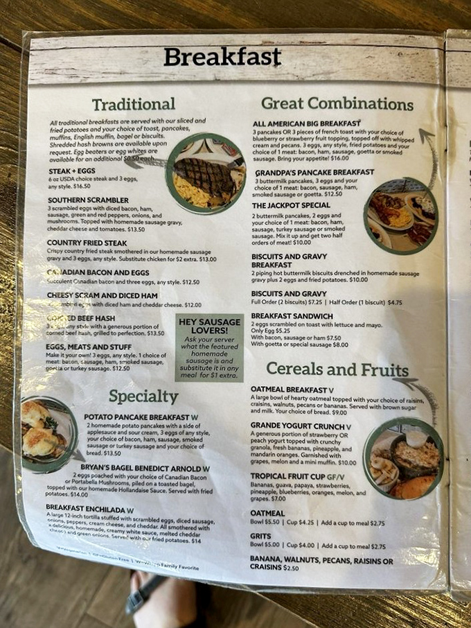 This menu isn't just a list of options—it's a roadmap to happiness with detours through pancake mountains and valleys of gravy.
